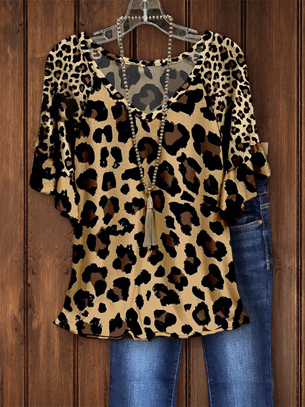 Women's t-shirt | V Neck Leopard Print Ruffled Short Sleeve Tee