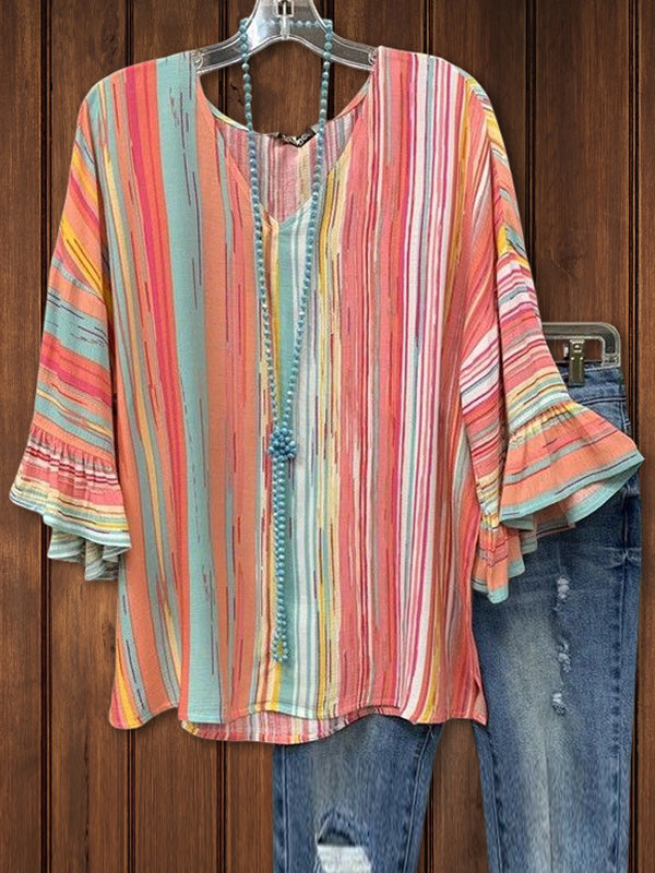 Women's t-shirt | Colorful Stripe Ruffle Top |lovelinessboutique